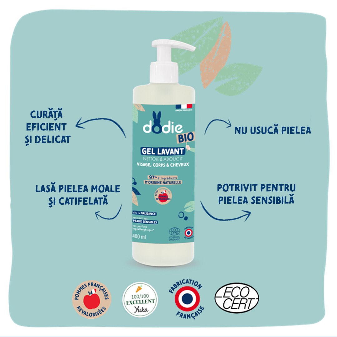 Gel pentru spalare Dodie certificat Bio 3 in 1, fata, corp si par, 400 ...