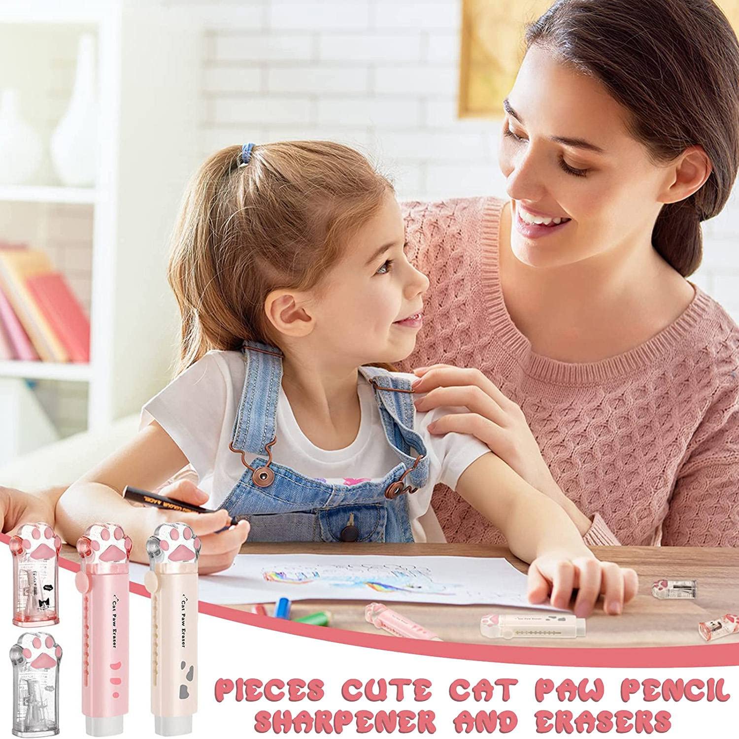 Set 4 Ascutitoare creion / Radiera, Accesorii pentru copii, Roz/Alb ...