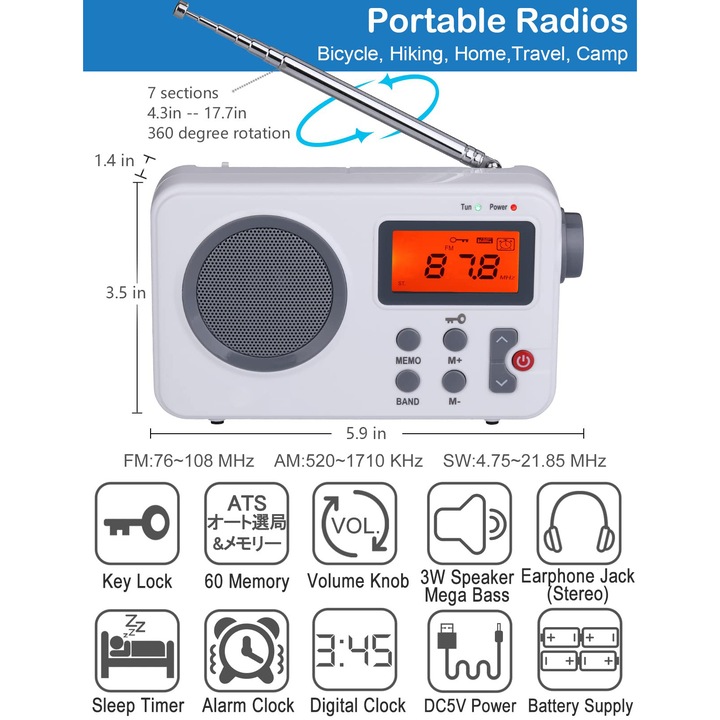 Radio portabil, AM FM unde scurte, functionare cu baterie, cu ...