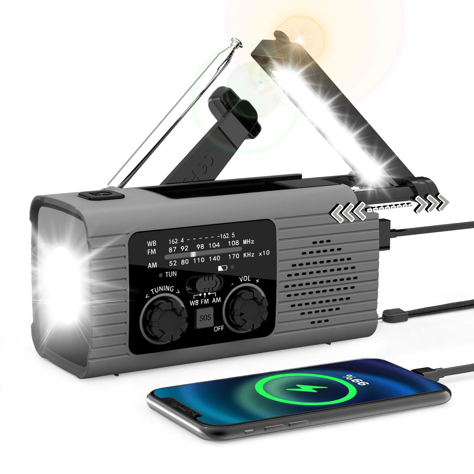 USB радио, WALALLA, със соларно зареждане, SOS аларма, AM/FM/NOAA, Сив ...