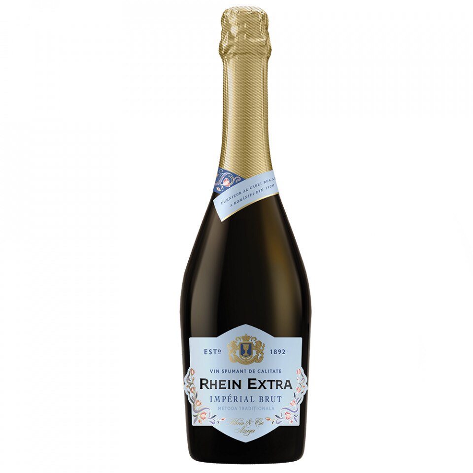 Vin Spumant Alb, Rhein Extra Imperial + 2 Pahare Cristal, Brut, 0.75l ...