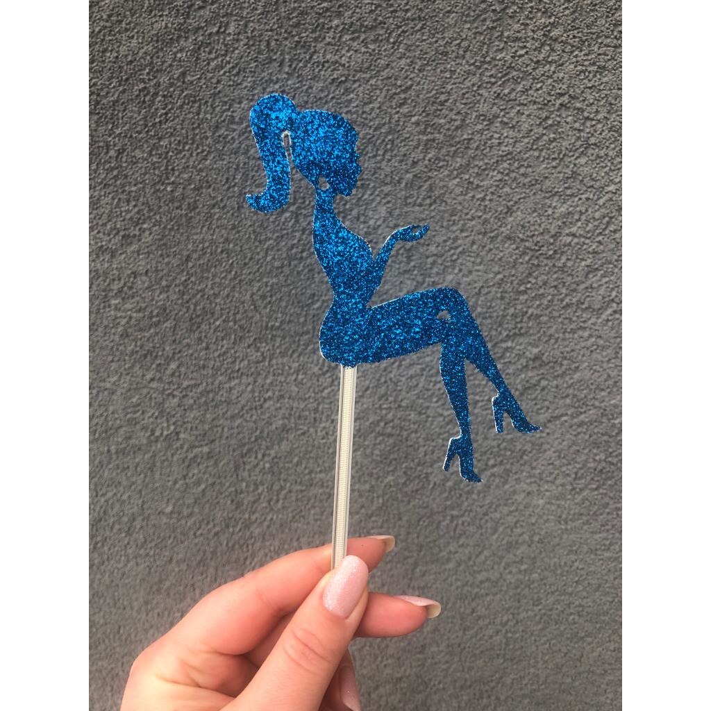 Topper tort "SILHOUETTE LADY", alb cu sclipici albastru 18.5 x 10 cm ...