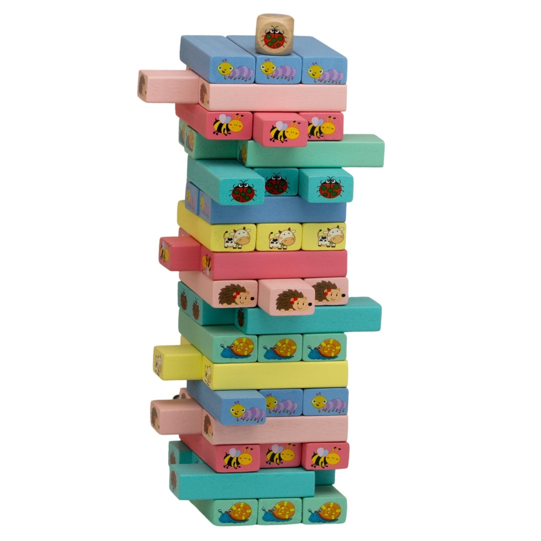 Joc Jenga multicolor, Animalute, 52 piese, lemn, OnemisFlot - eMAG.ro
