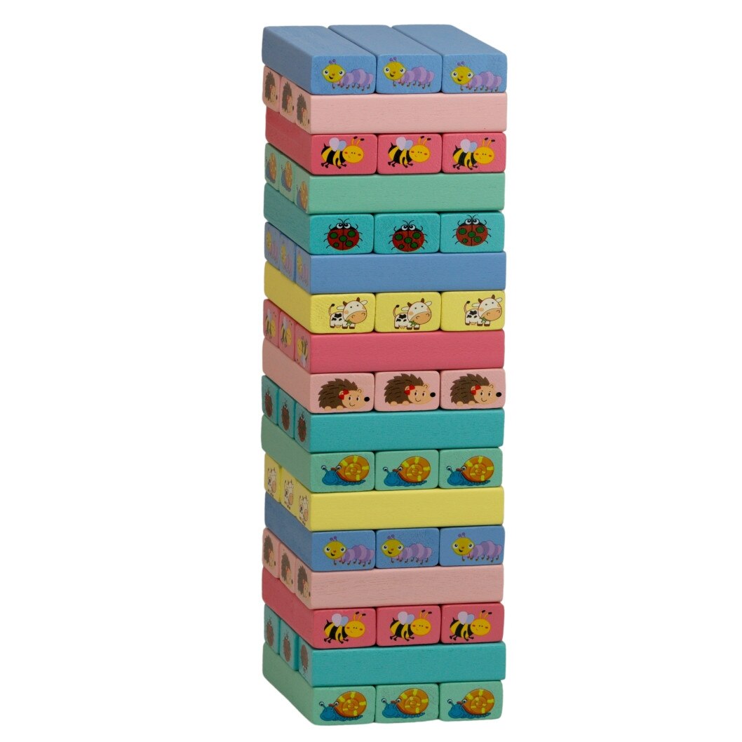 Joc Jenga multicolor, Animalute, 52 piese, lemn, OnemisFlot - eMAG.ro