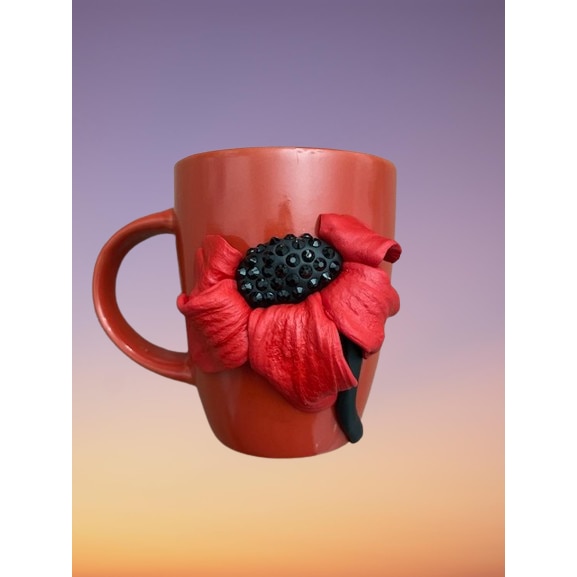 Cana ceramica flori, handmade, lut polimeric, Rosu, 330 ml - eMAG.ro