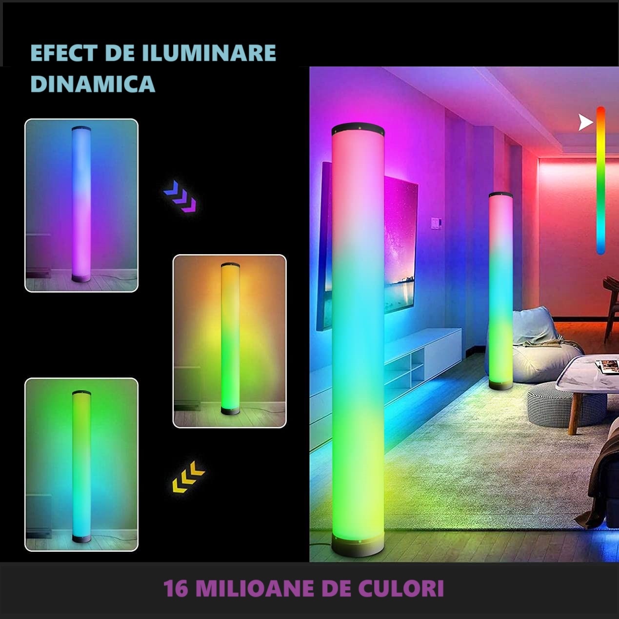 Lampa LED RGB, Model 2023, Cilindrica100 cm, bluetooth app, 360 grade ...