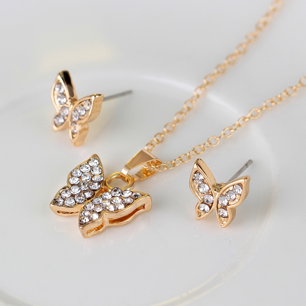 Set de bijuterii dama fluture, colier, cercei, bratari si inele, placat ...