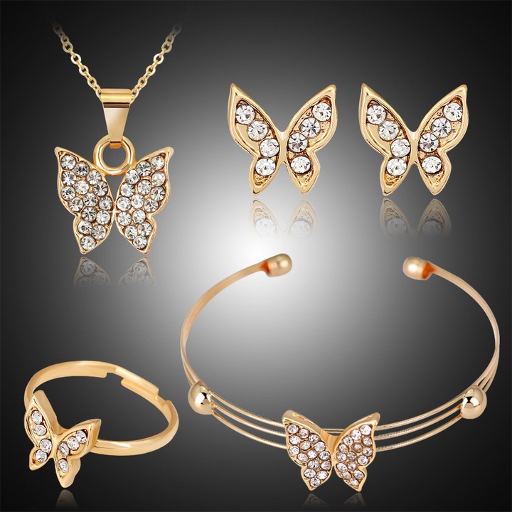 Set de bijuterii dama fluture, colier, cercei, bratari si inele, placat ...