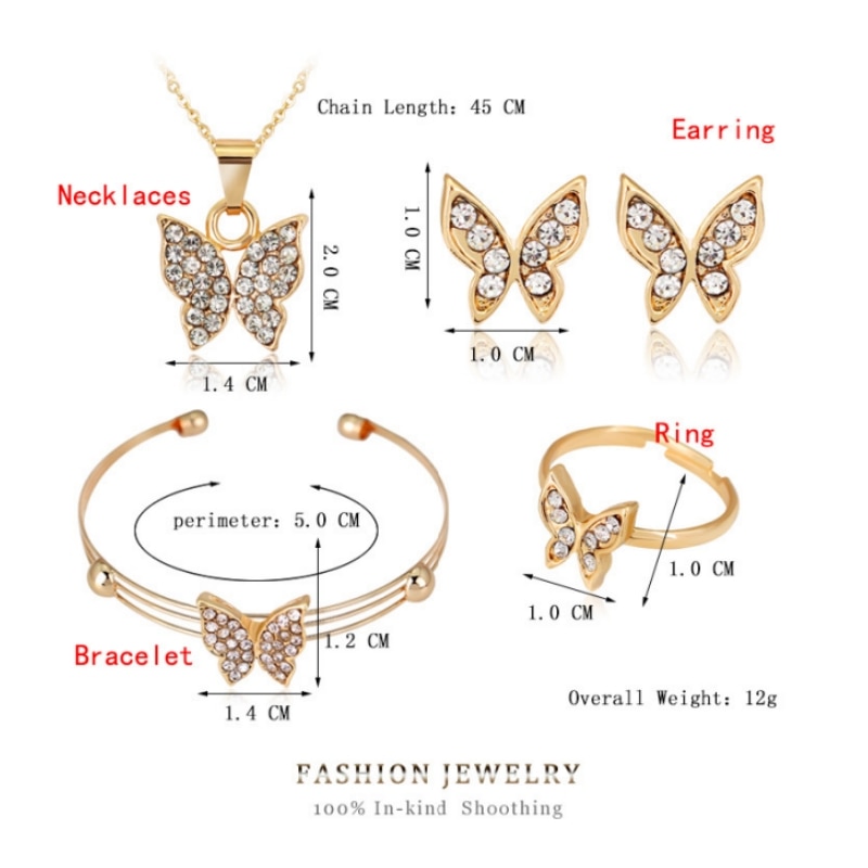 Set de bijuterii dama fluture, colier, cercei, bratari si inele, placat ...
