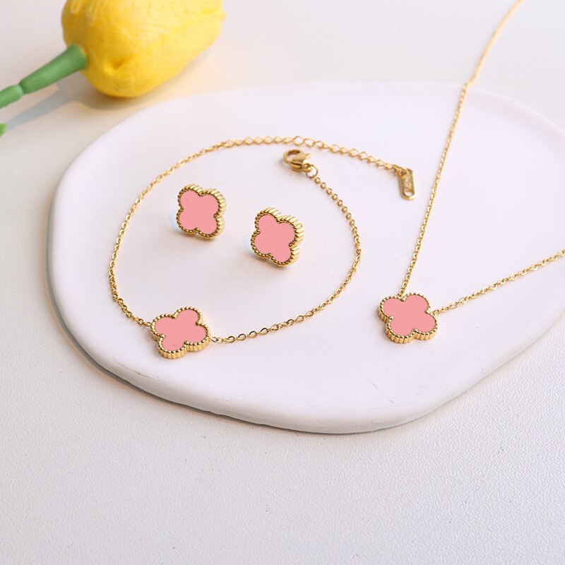 Set de bijuterii femei trifoi, colier, cercei, bratara, placat cu aur ...