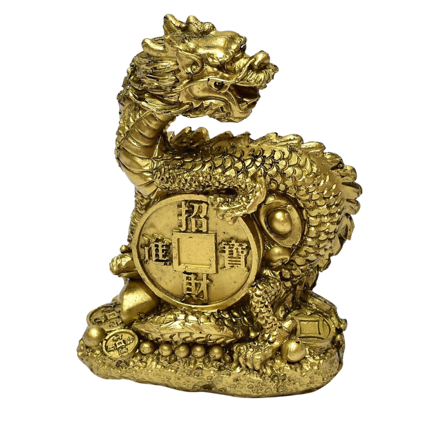 Dragon auriu cu moneda chinezeasca, remdiu Feng Shui din rasina, auriu ...
