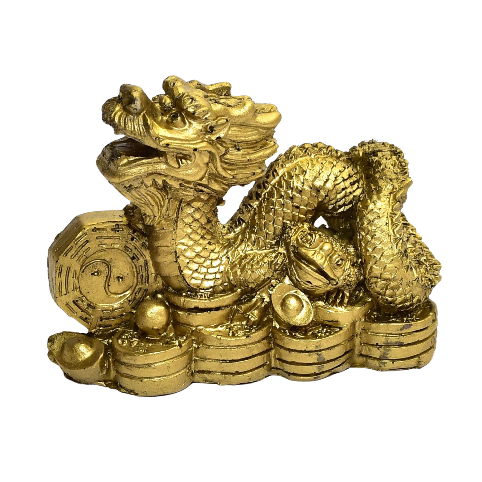 Statueta dragon auriu cu Ba Gua si monede chinezesti, remdiu Feng Shui ...
