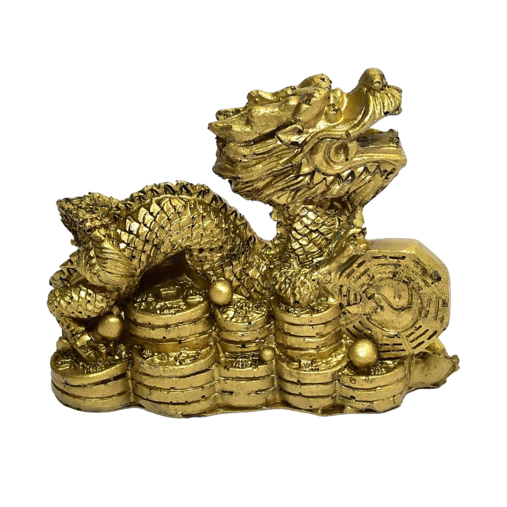 Statueta dragon auriu cu Ba Gua si monede chinezesti, remdiu Feng Shui ...