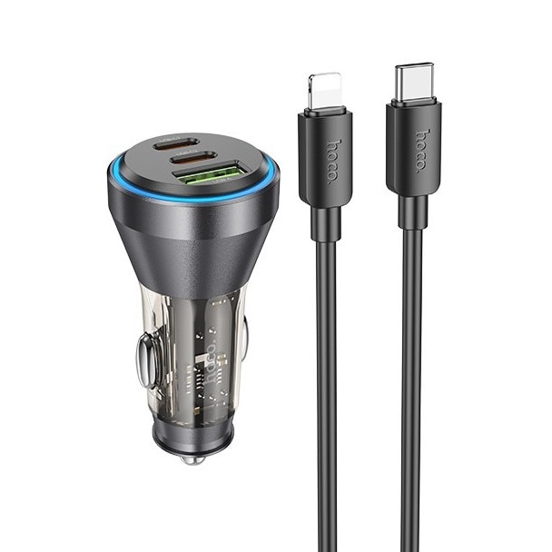 Set Incarcator Auto 60W si Cablu Type-C, 3 porturi, 1 x USB, 2 x Type-C ...