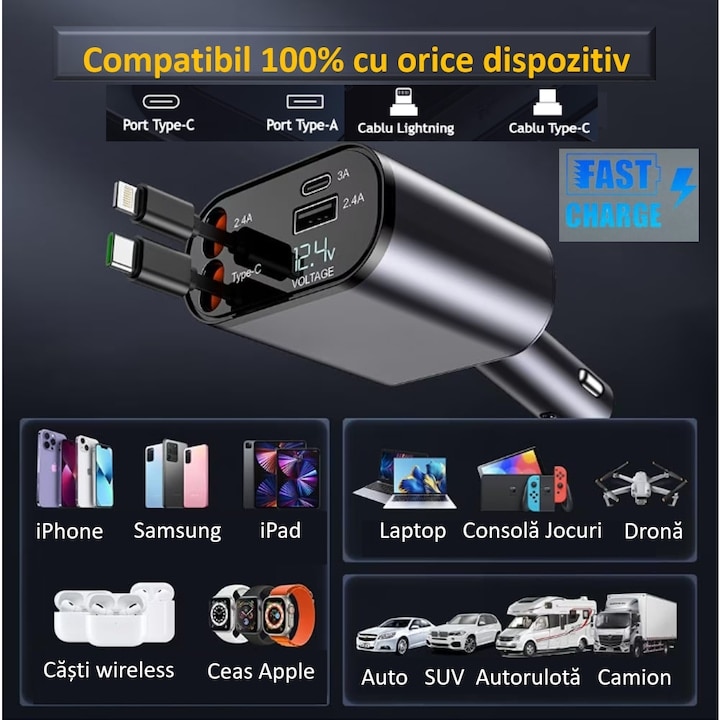 Incarcator auto 4in1 120W, AHA PRINT®, Cabluri retractabile 80cm Type-C ...