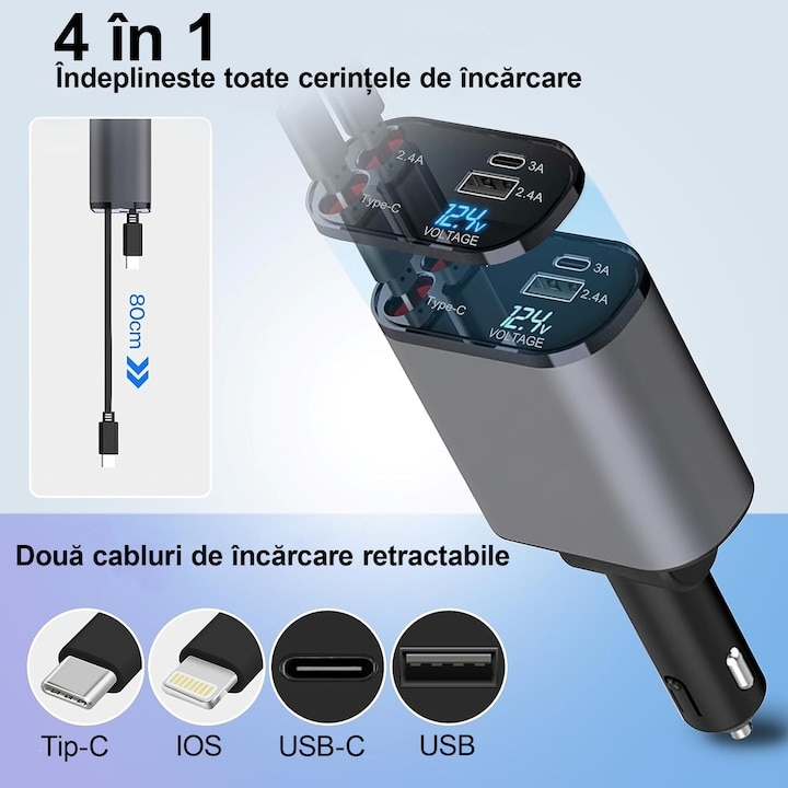Incarcator auto 4in1 120W, AHA PRINT®, Cabluri retractabile 80cm Type-C ...