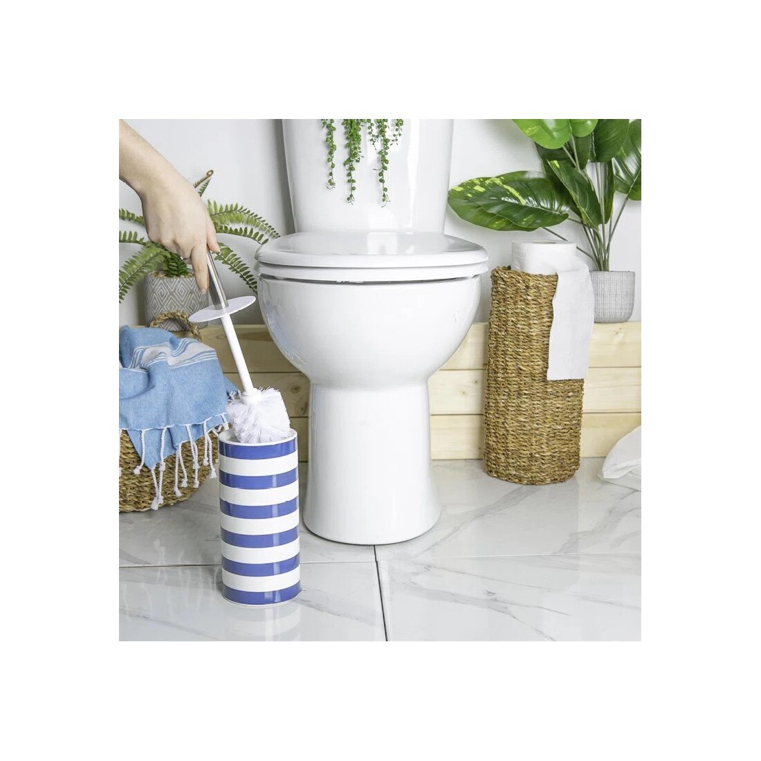 Perie WC cu suport din ceramica, Inox/Ceramica, Alb/Albastru - eMAG.ro