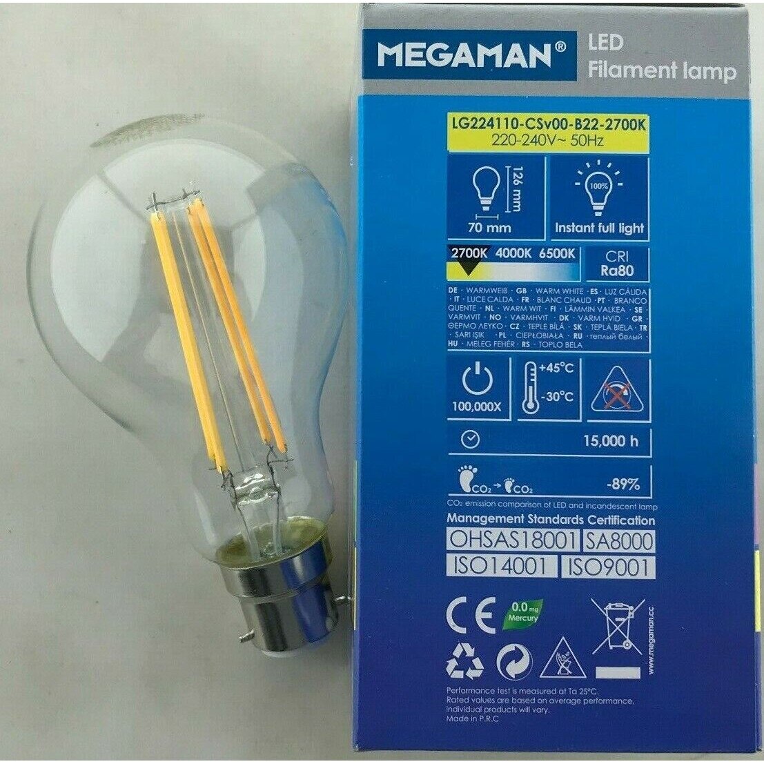 Set 2 becuri LED cu Filament Megaman A60, B22, 11W (100W), 1521 lm ...