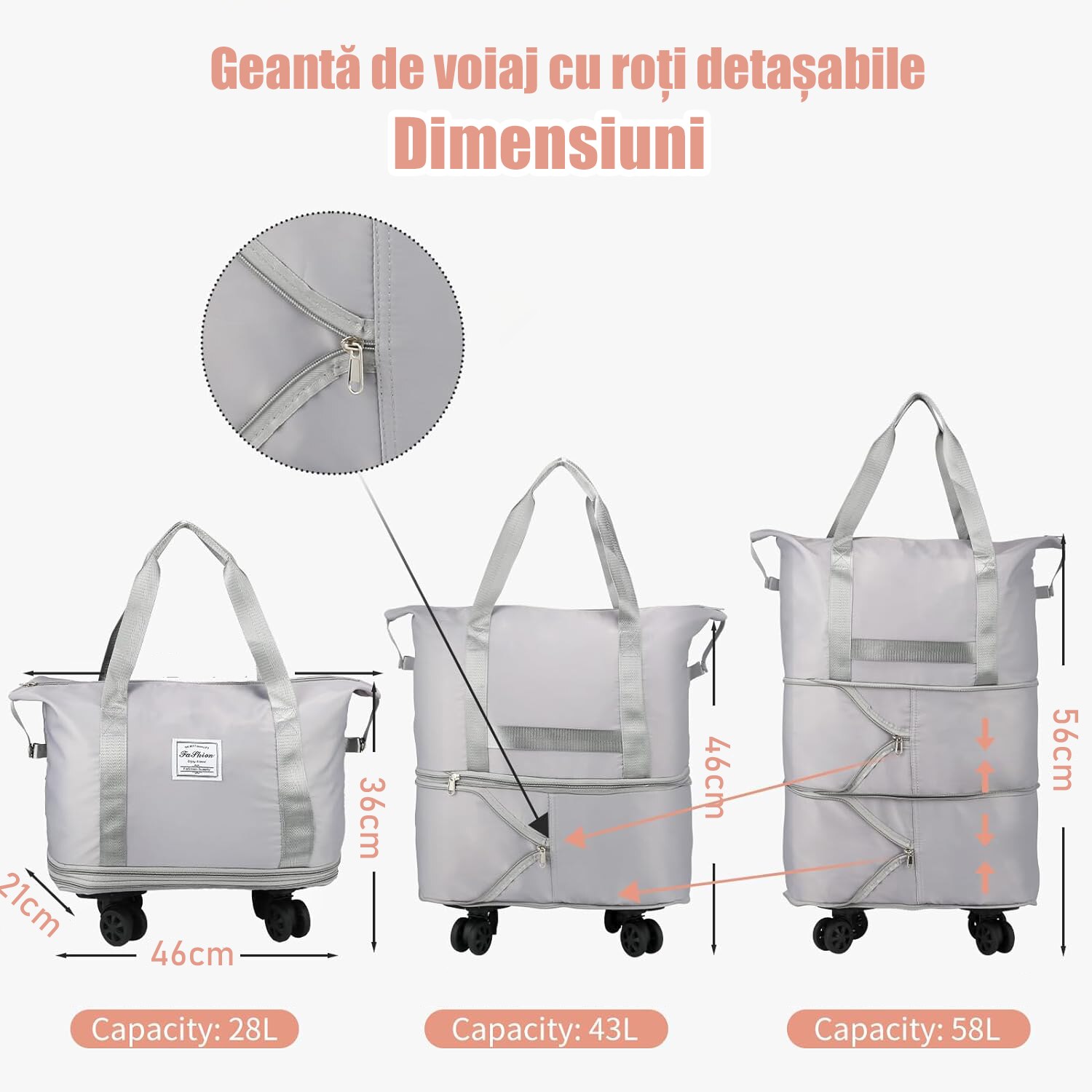 Geanta de Voiaj cu Role, BYONDSELF®, 4 Roti Detasabile, 3 Straturi ...