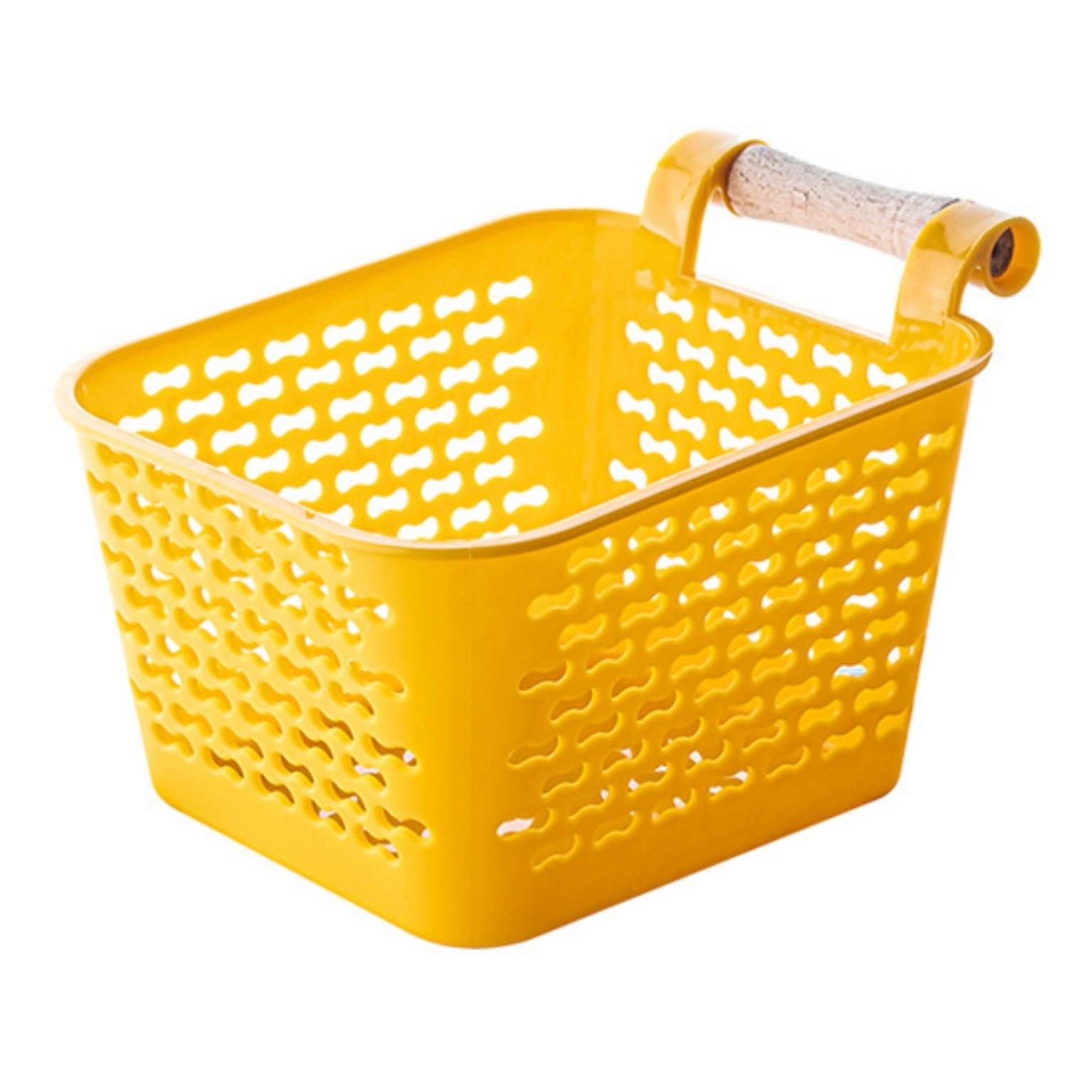 Cos de plastic, cu maner lemn, L15xl11xh8cm, galben, Happymax - eMAG.ro