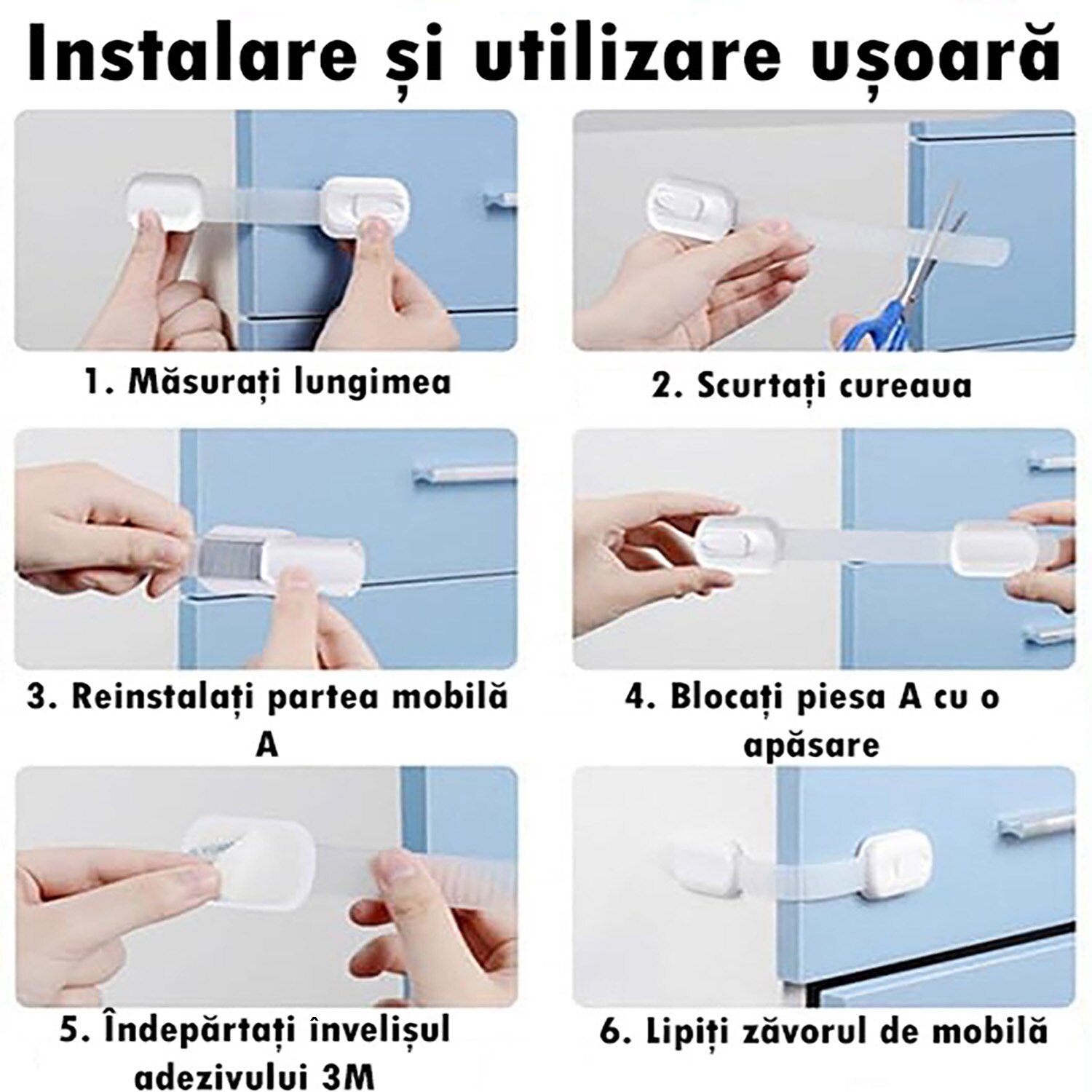Set 10 Sigurante Usi Copii, Reglabile, Blocheaza Sertare, Dulap, Frigider, Cuptor, Adeziv 3M ...