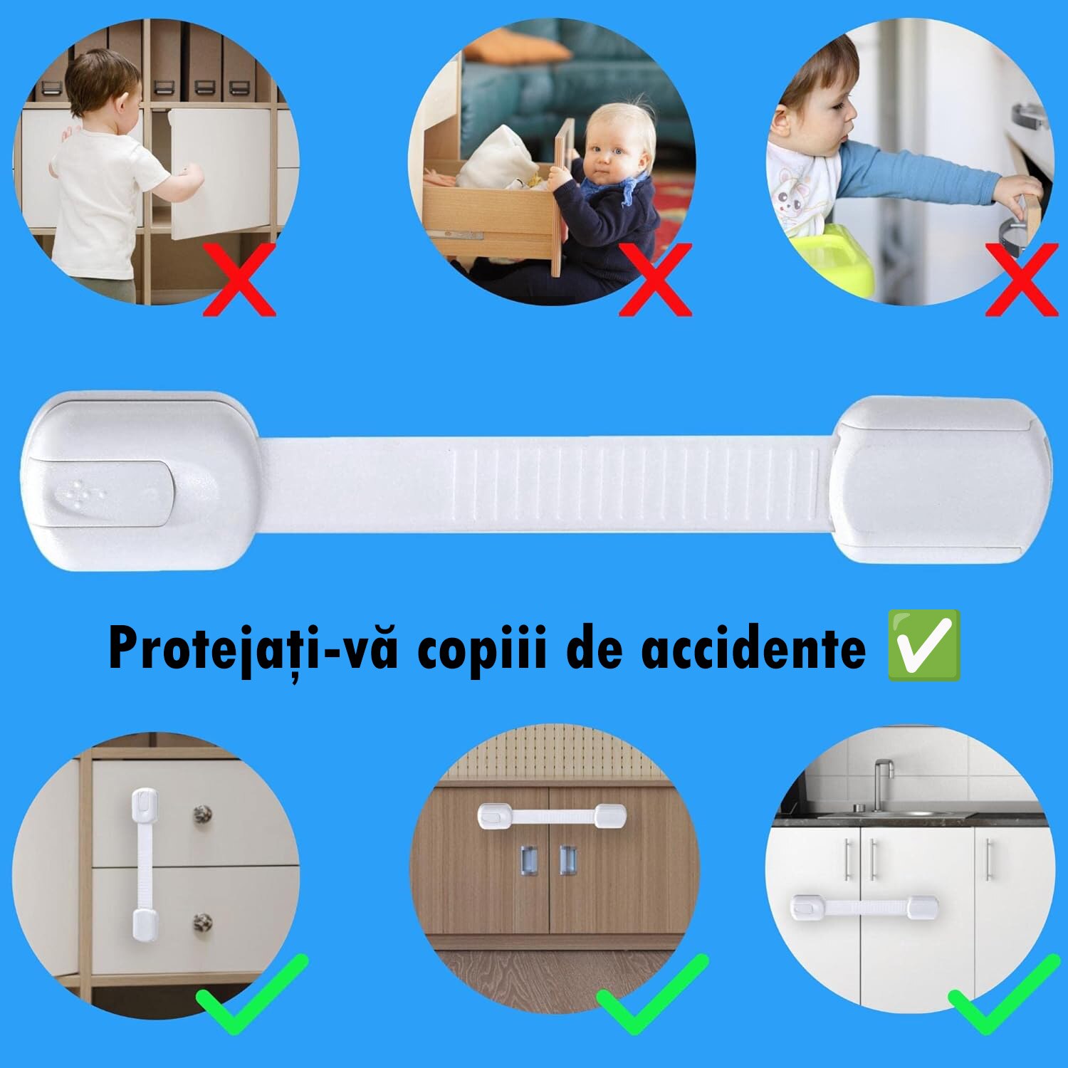 Set 10 Sigurante Usi Copii, Reglabile, Blocheaza Sertare, Dulap, Frigider, Cuptor, Adeziv 3M ...