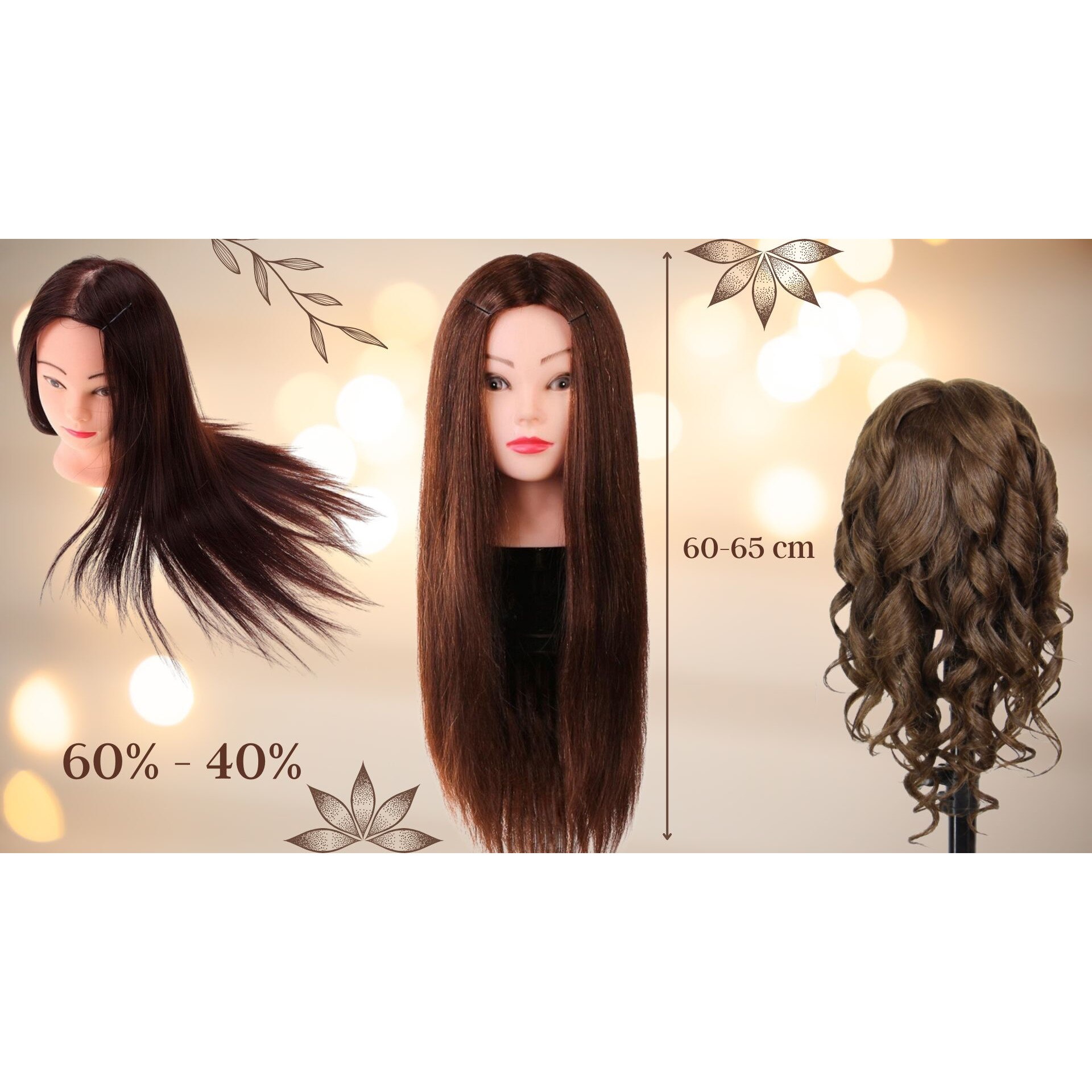 Cap practica manechin si suport, 60 cm, Par natural/Par sintetic, Maro ...