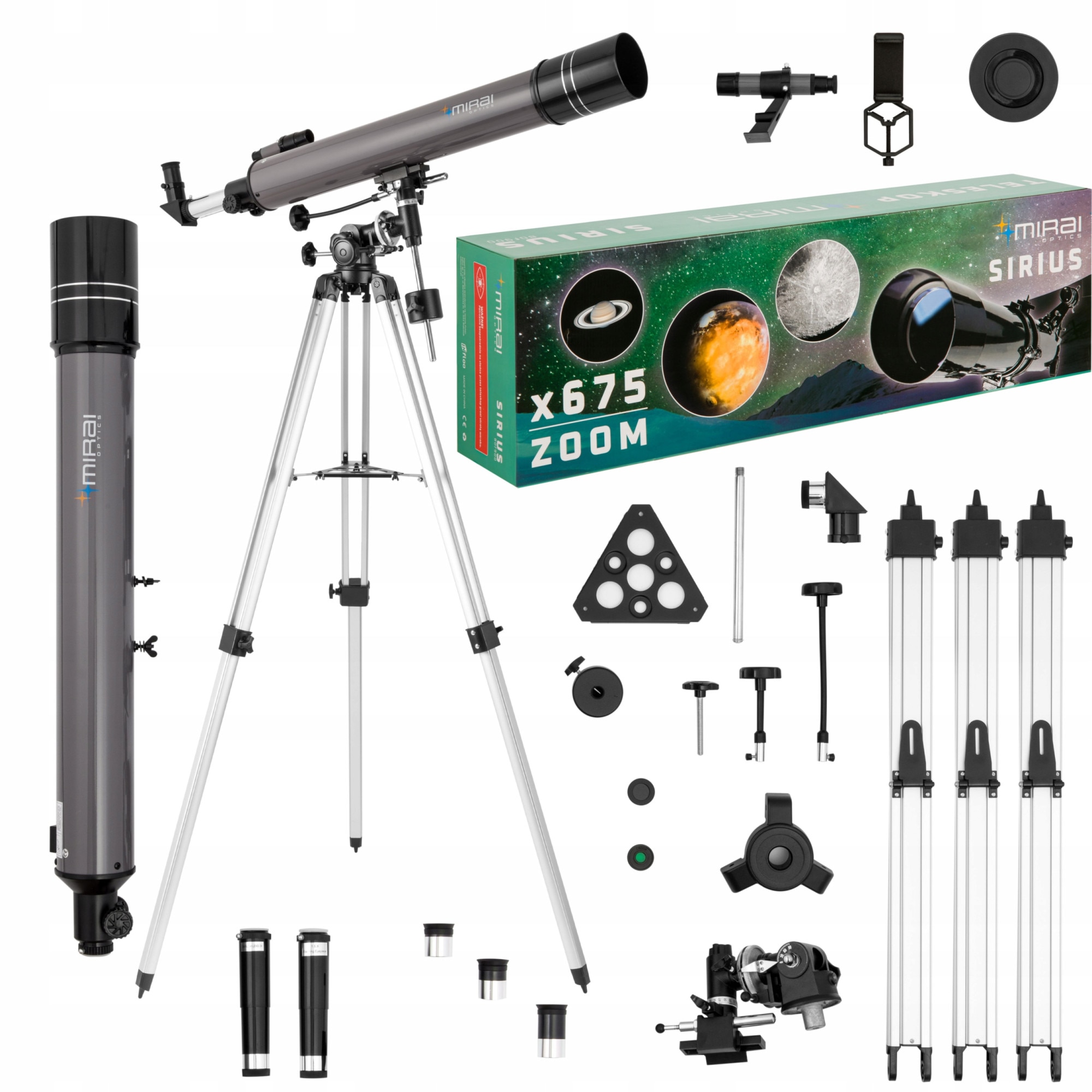 Telescop astronomic cu accesorii, Mirai Optics, 675x, 900mm, Gri - eMAG.ro