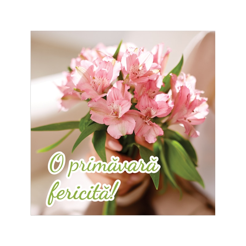 Set 10 felicitari martie buchetel flori roz, 130x130 mm, cu plicuri ...