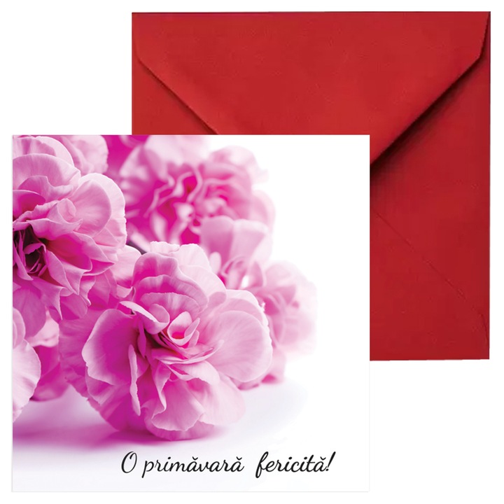 Set 10 felicitari martie flori roz, 130x130 mm, cu plicuri rosii - eMAG.ro