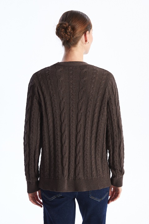 LC WAIKIKI, Cardigan cu model torsade si decolteu in V, Maro inchis ...