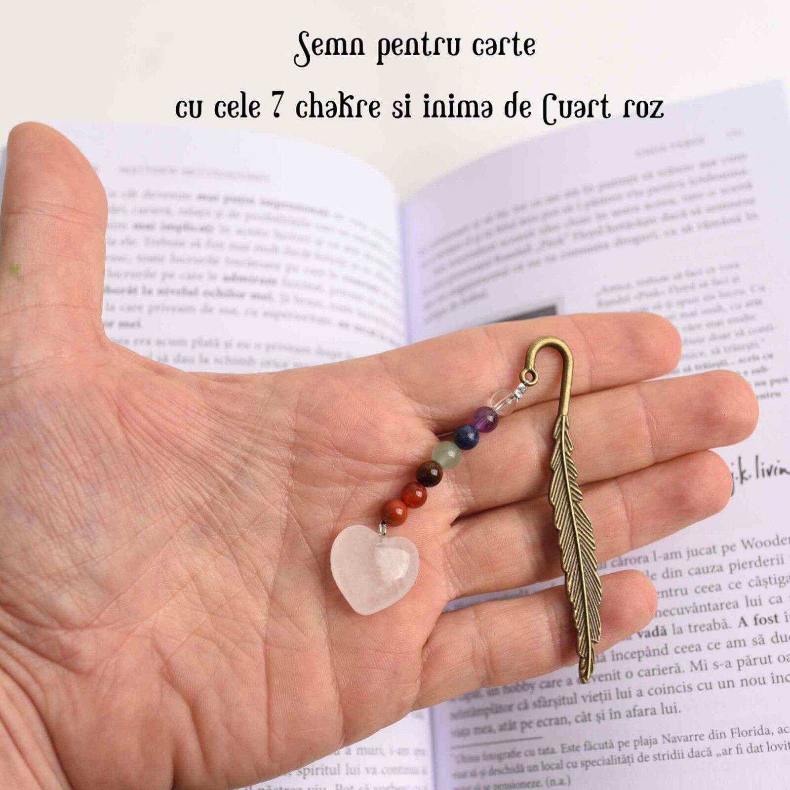 Semn de Carte Energetic cu Cele 7 Chakre si Inimioara din Cuart Roz ...