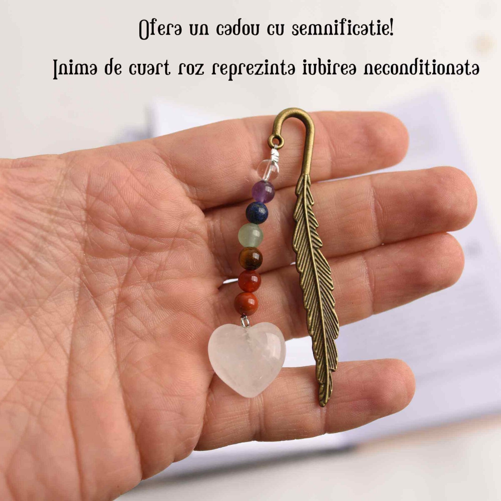 Semn de Carte Energetic cu Cele 7 Chakre si Inimioara din Cuart Roz ...