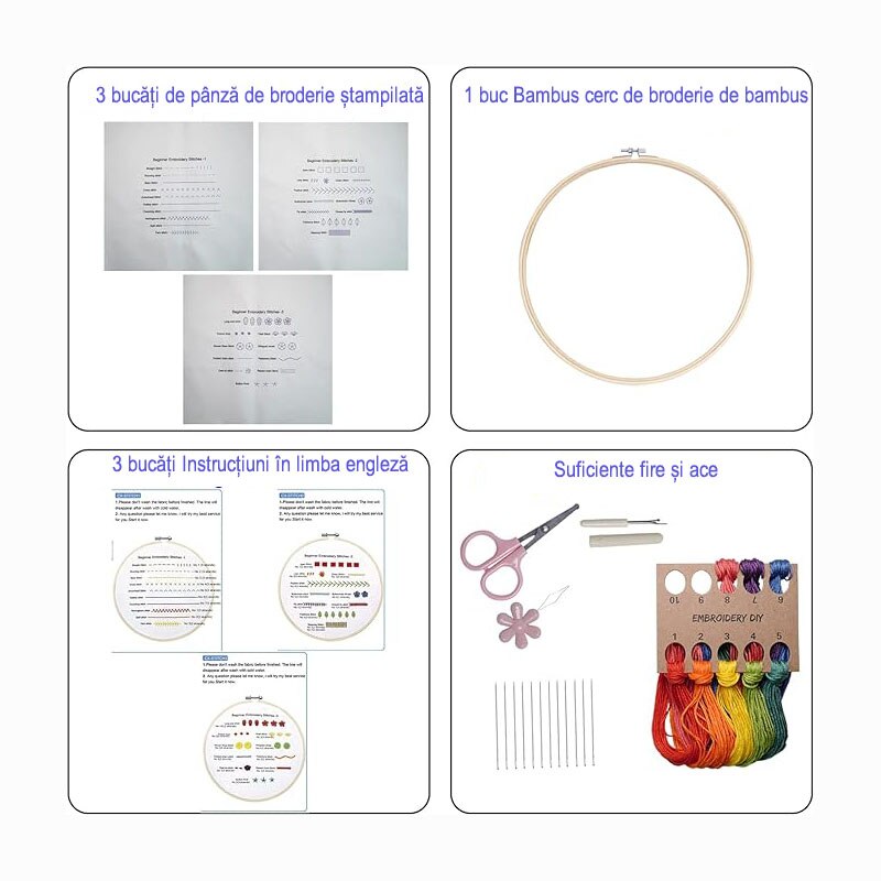 Kit de inceput pentru broderie, 20 Piese, 3 modele, 20 cm, Multicolor ...