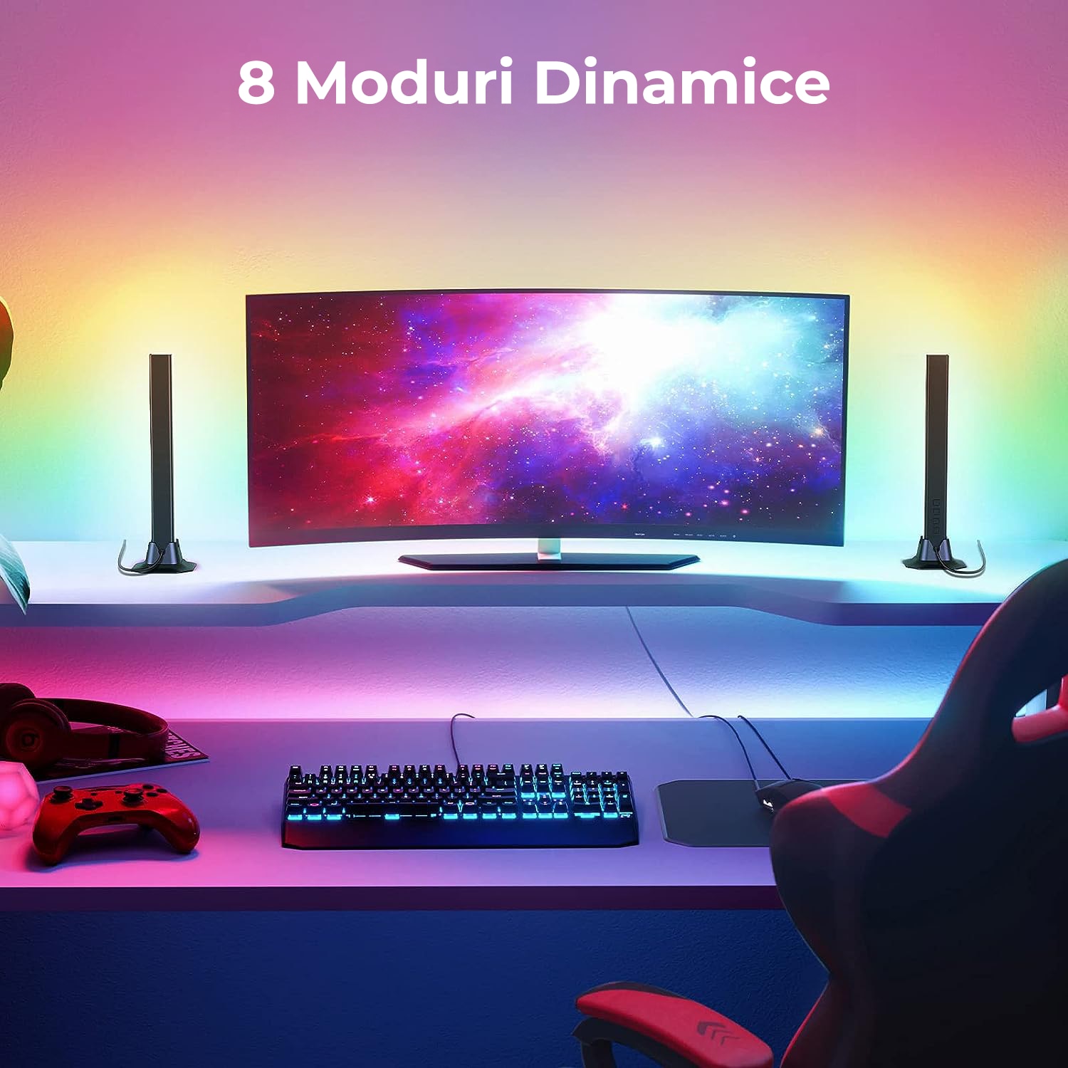 Set 2 Bare Luminoase Led RGB Elindor® Lumina Ambientala pentru Camera ...