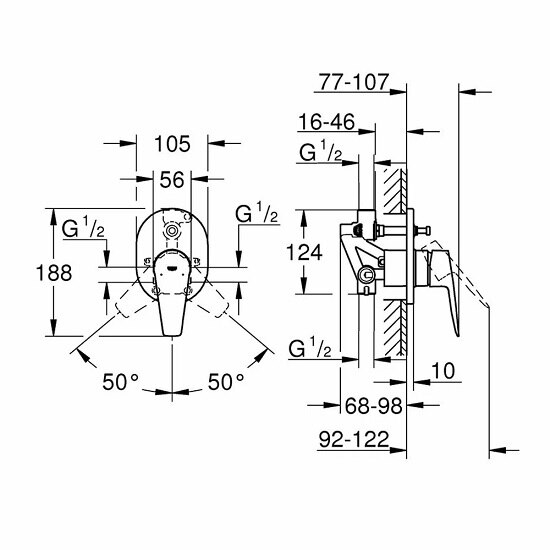 Baterie cada - dus, Grohe BauEdge New crom, + corp incastrat - eMAG.ro