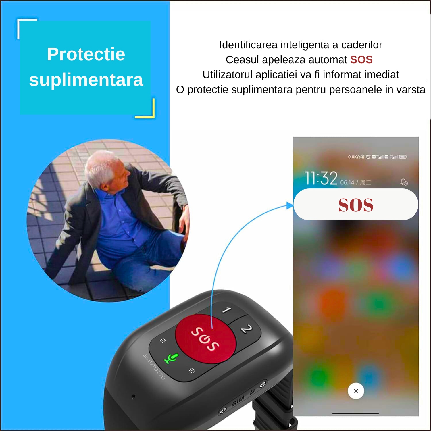Ceas panica cu buton SOS pentru persoane varstnice, JustOTOTTO®, slot ...