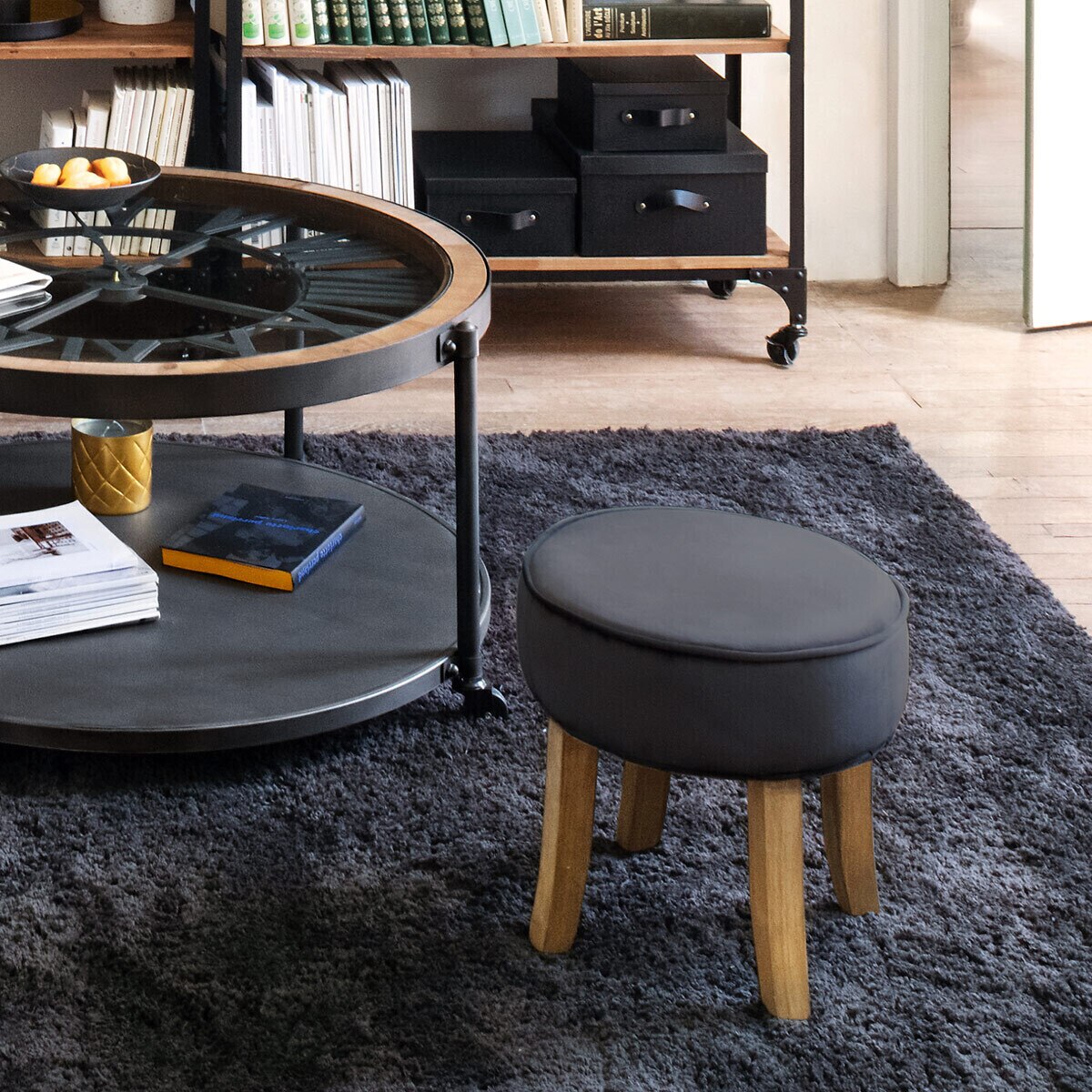 Taburet rotund, catifea gri, picioare lemn, Adriel - eMAG.ro