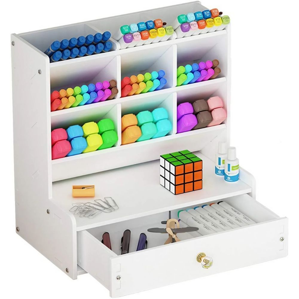 Organizator de birou multifunctional, din lemn, cu 9 compartimente si ...