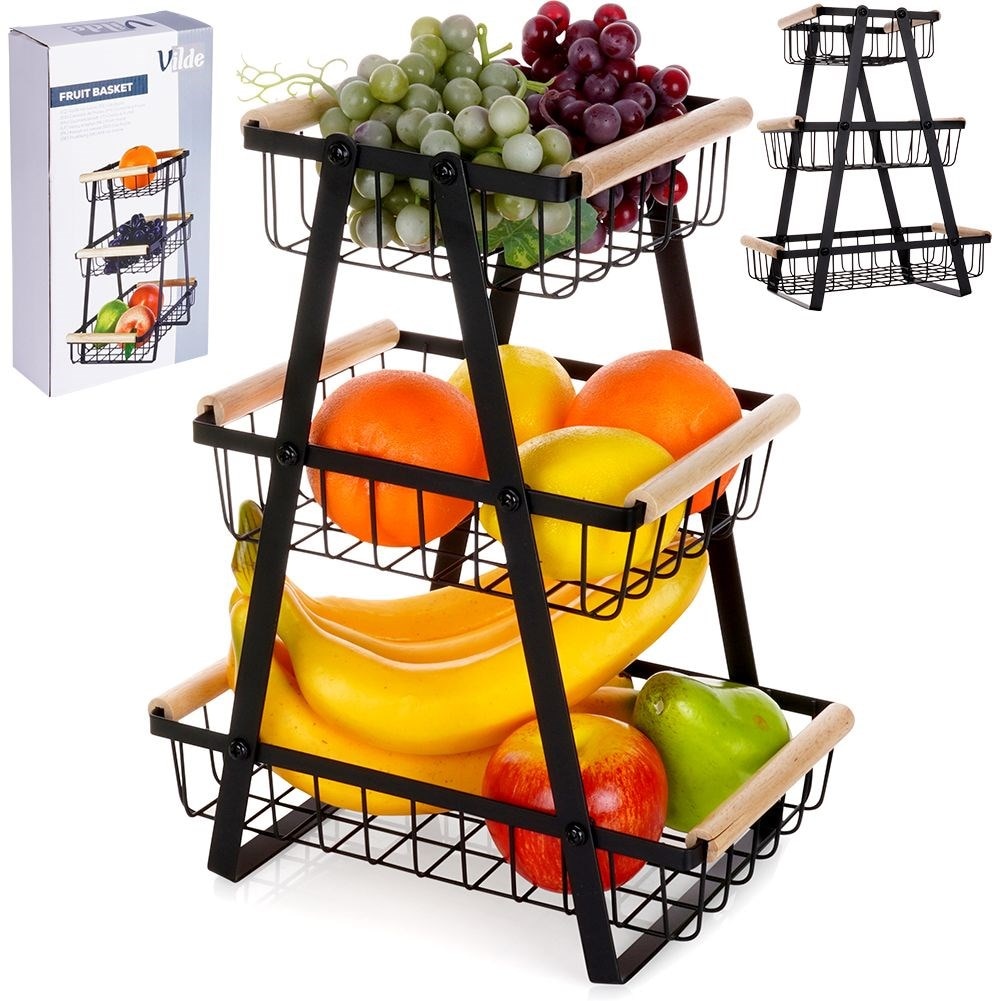 Cos pentru fructe cu 3 nivele, Vilde, Metal, 28 x 17.5 x 34.5 cm, Negru ...