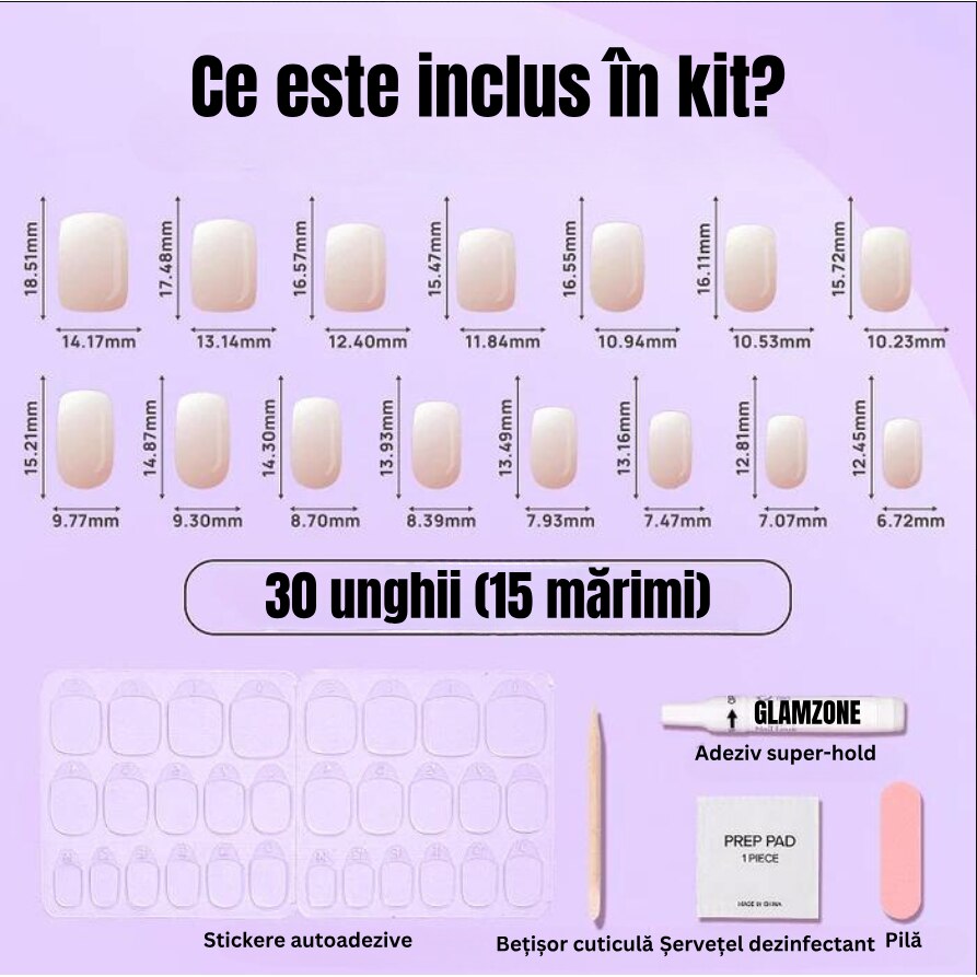 Set 30 unghii false press-on profesionale cu gel, adeziv inclus si ...