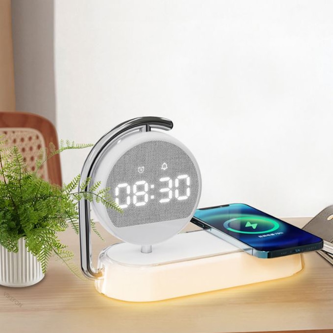 Нощен часовник 4 в 1, Smart Time K01T, Безжично зареждане, Огледало ...