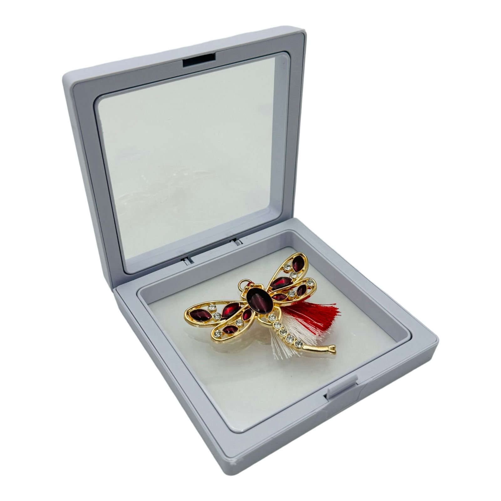 Brosa Martisor Libelula Rosie Stilizata, ambalata in cutie cu expunere ...