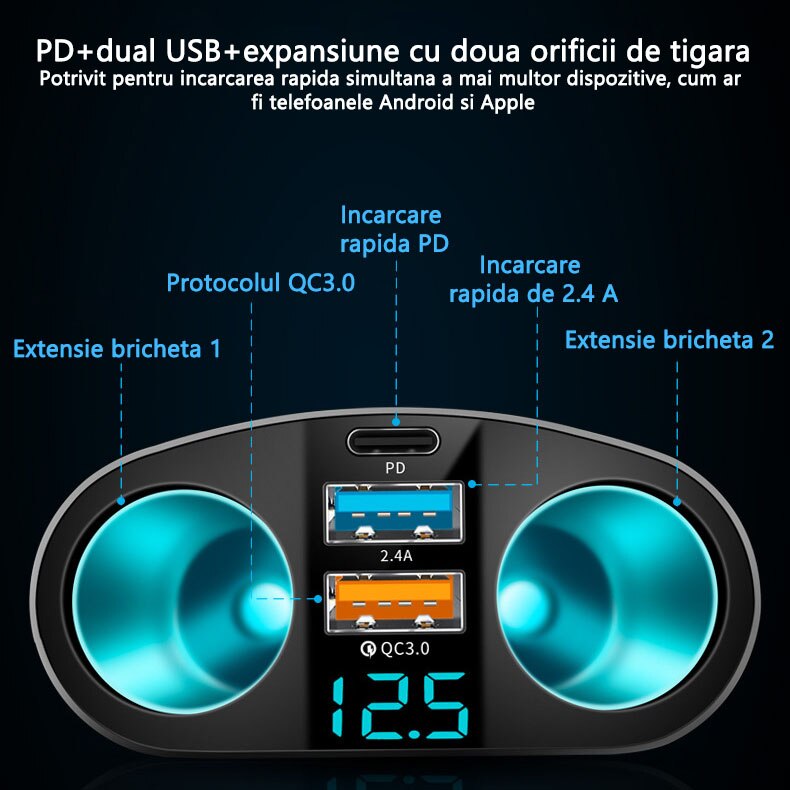 Adaptor priza auto, Vaxiuja, 120W, 2 x USB, 1 x USB-C, 2x priza auto ...