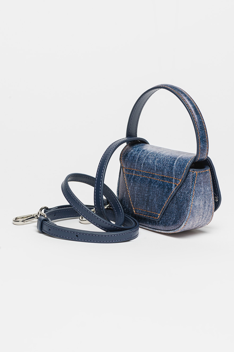 Diesel, Geanta crossbody din denim cu aplicatie logo metalica, Albastru ...