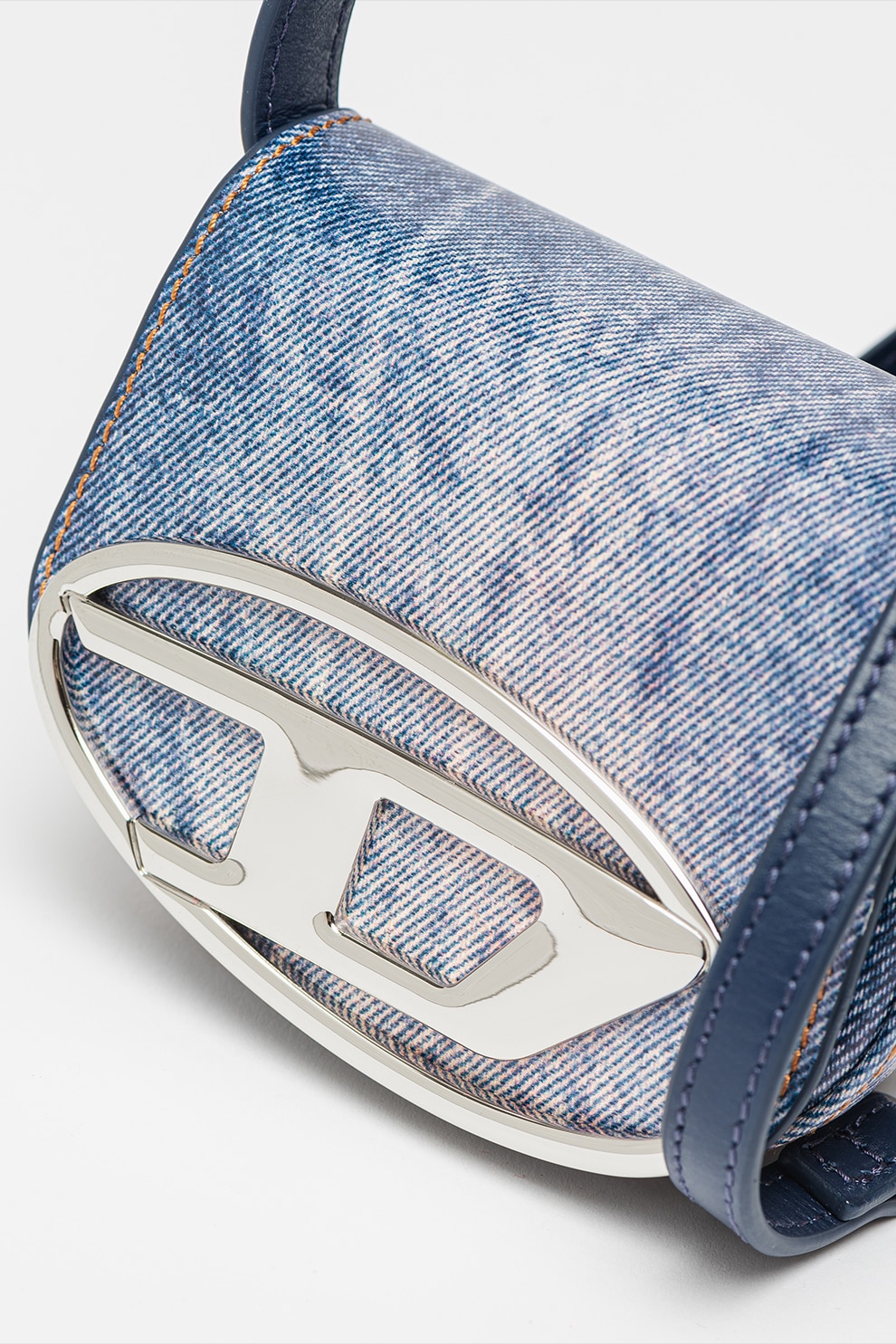 Diesel, Geanta crossbody din denim cu aplicatie logo metalica, Albastru ...