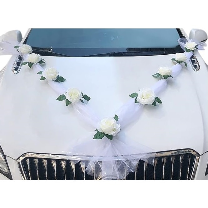 Aranjament floral, masini, tematica nunta, alb, 160cm, trandafiri - eMAG.ro