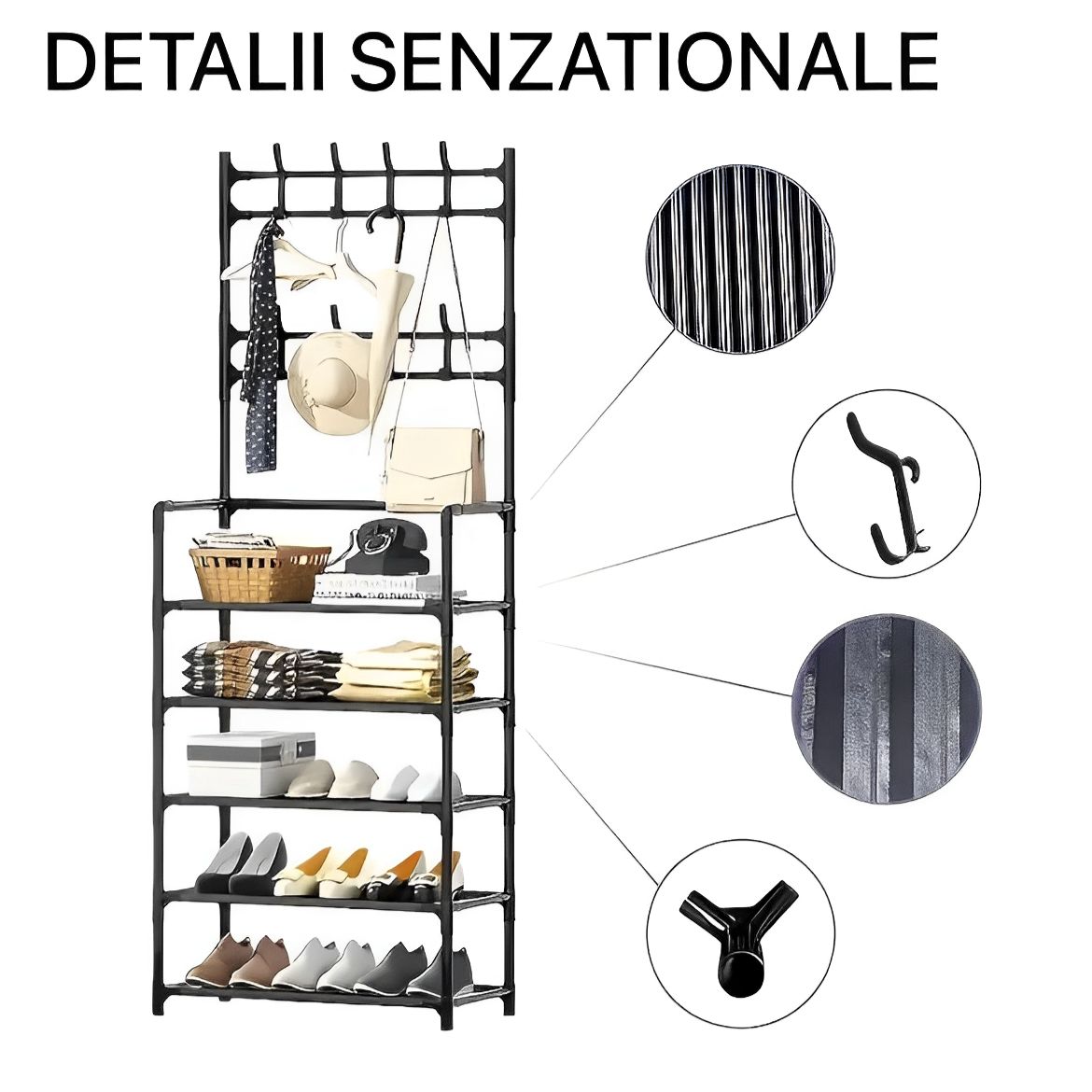 Cuier cu pantofar metalic, 5 rafturi pentru incaltaminte si 8 agatatori ...