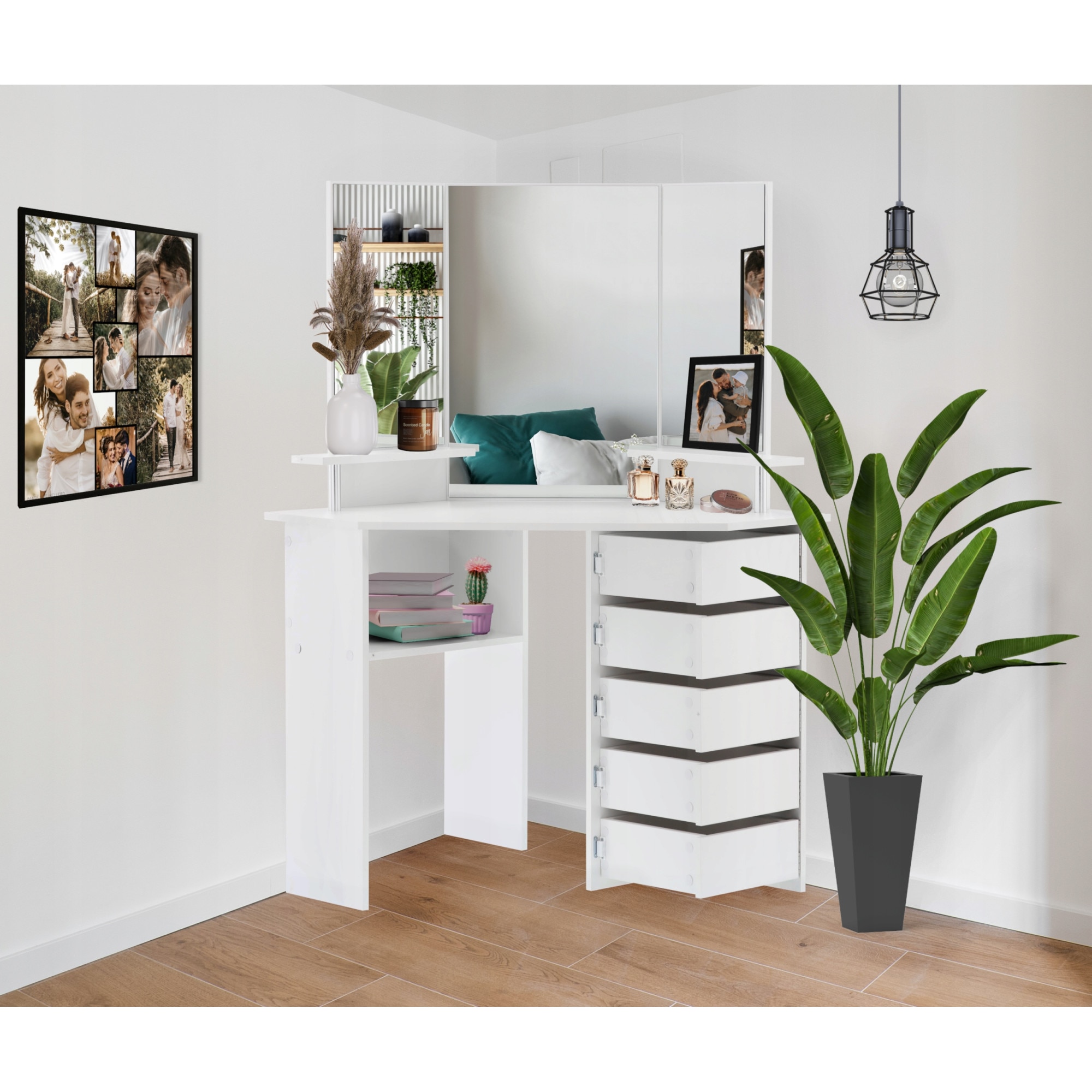 Masa de toaleta pentru colt, cu oglinda si rafturi, 5 sertare practice ...