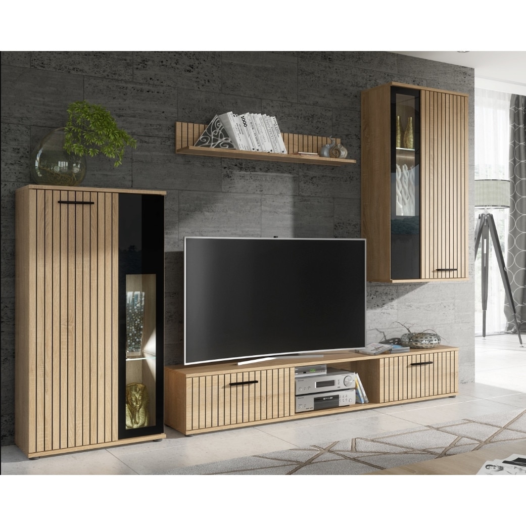 Set mobila living, modern, model riflaj printat, stejar/negru, vitrina ...